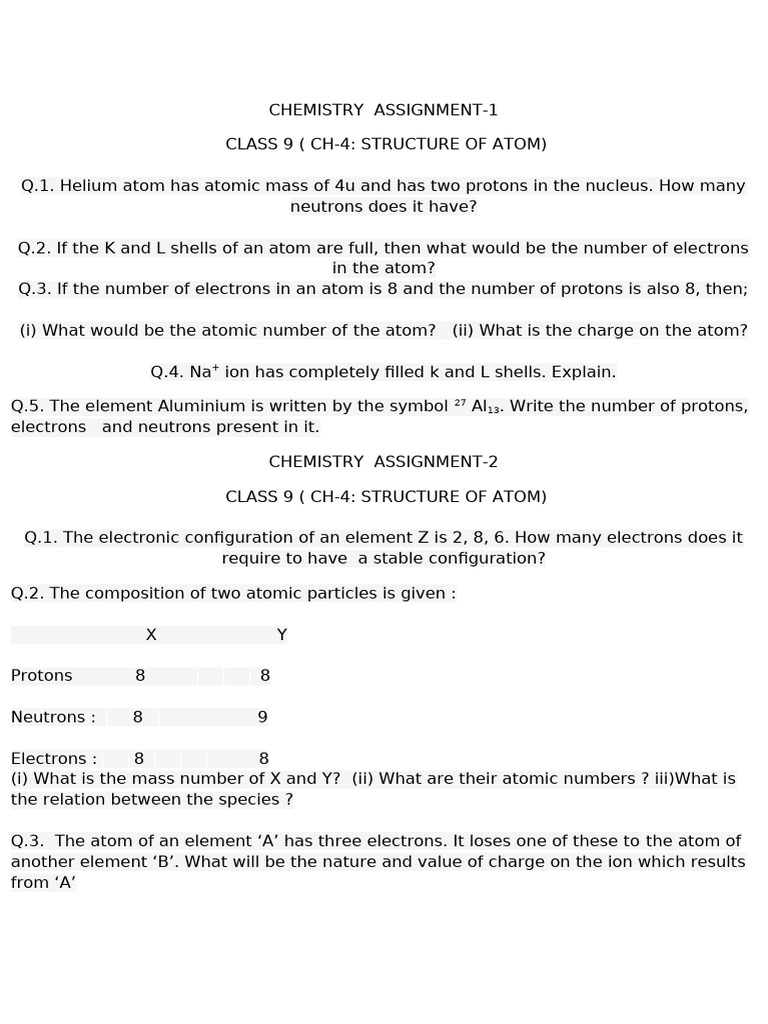 Chem Assignment Class- 9 Ch-4 | PDF | Atoms | Chemical Elements