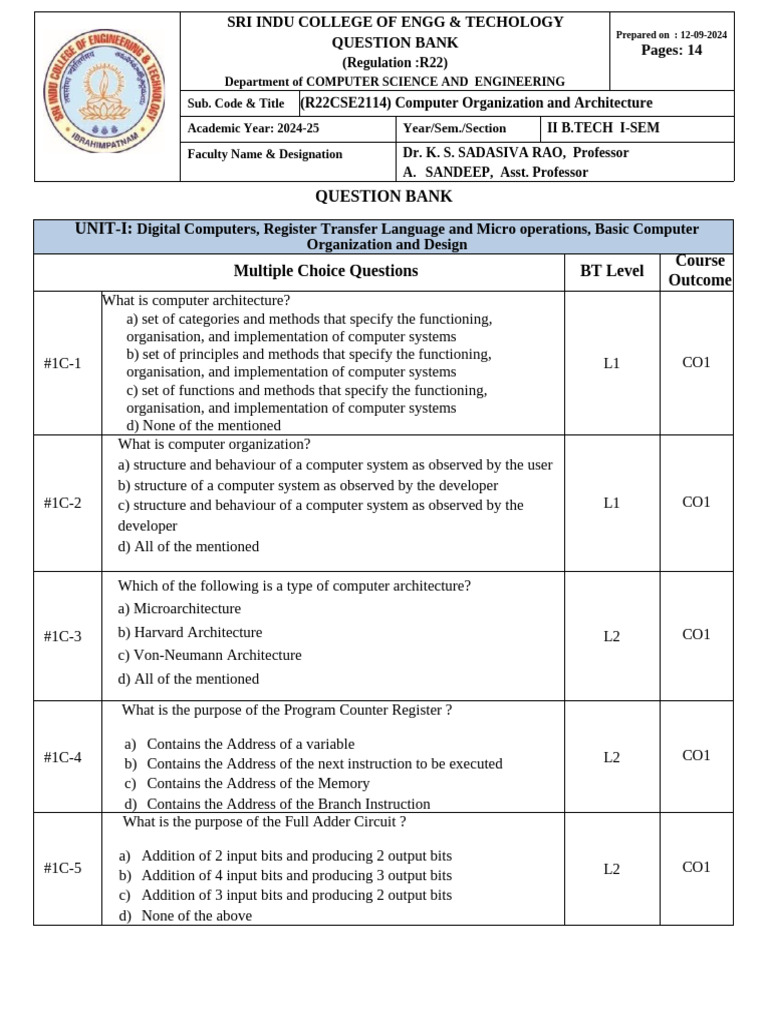 Coa - R22cse2114 QB - 25-09-2024 - New | PDF | Central Processing Unit | Input/Output