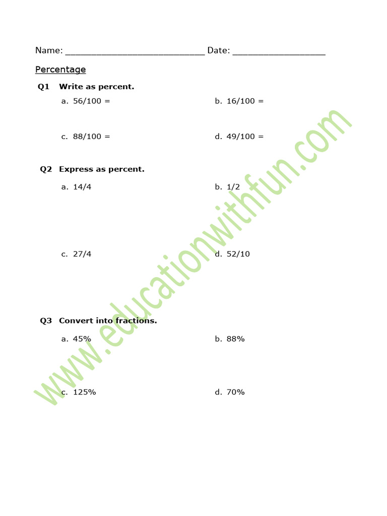 Percentages and Fractions Worksheet | PDF