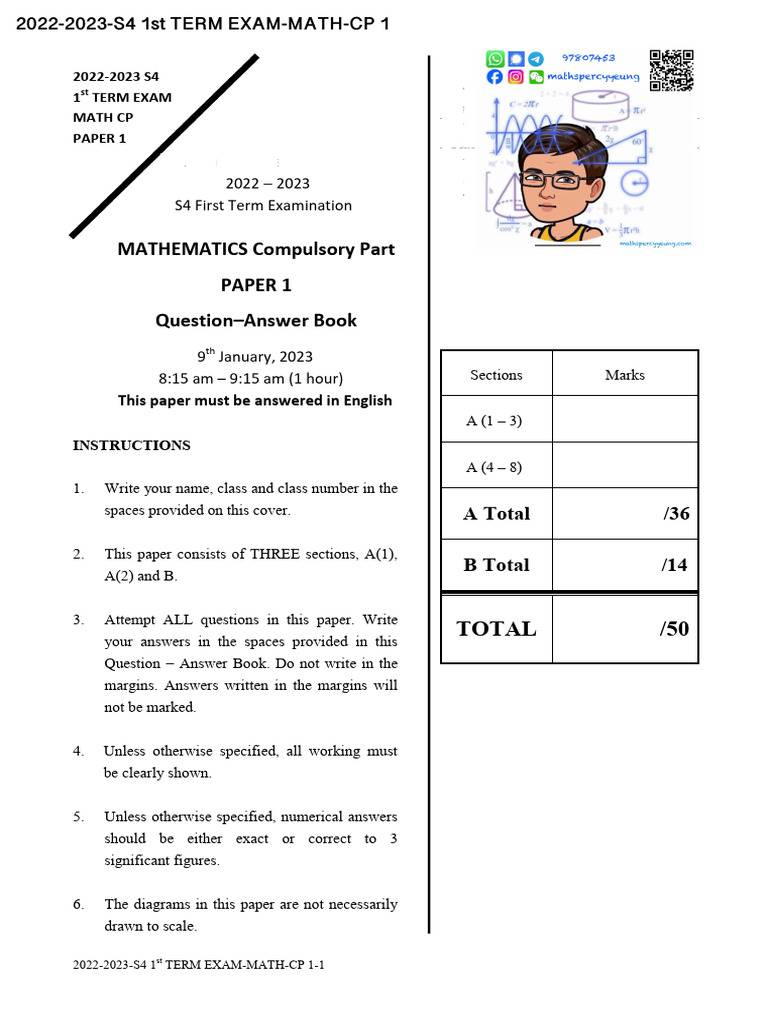 2022-2023 S4 Math Exam Paper 1 | PDF | Cartesian Coordinate System ...