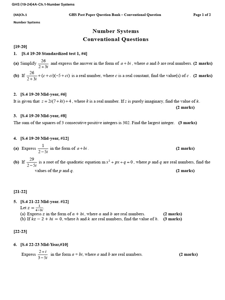 GHS Past Paper: Number Systems Questions | PDF | Real Number | Numbers
