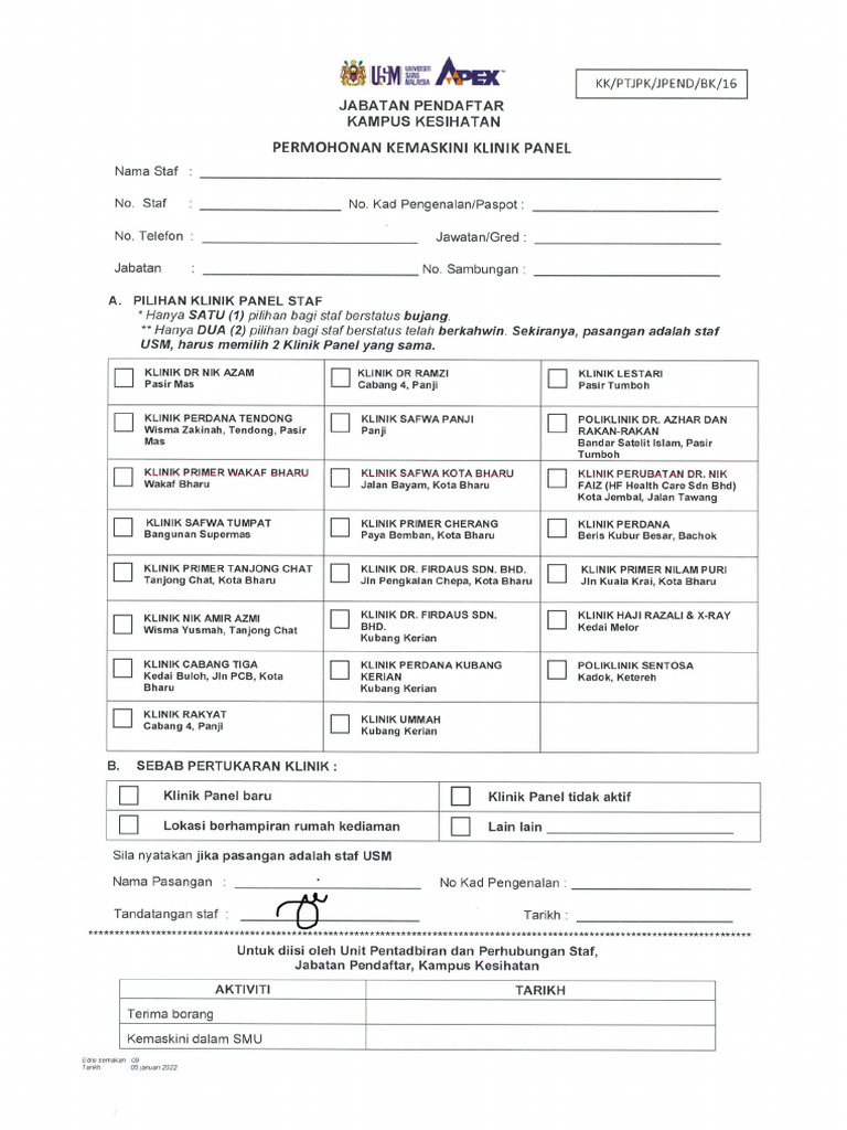 Borang Kemaskini Klinik Panel & Tanggungan | PDF