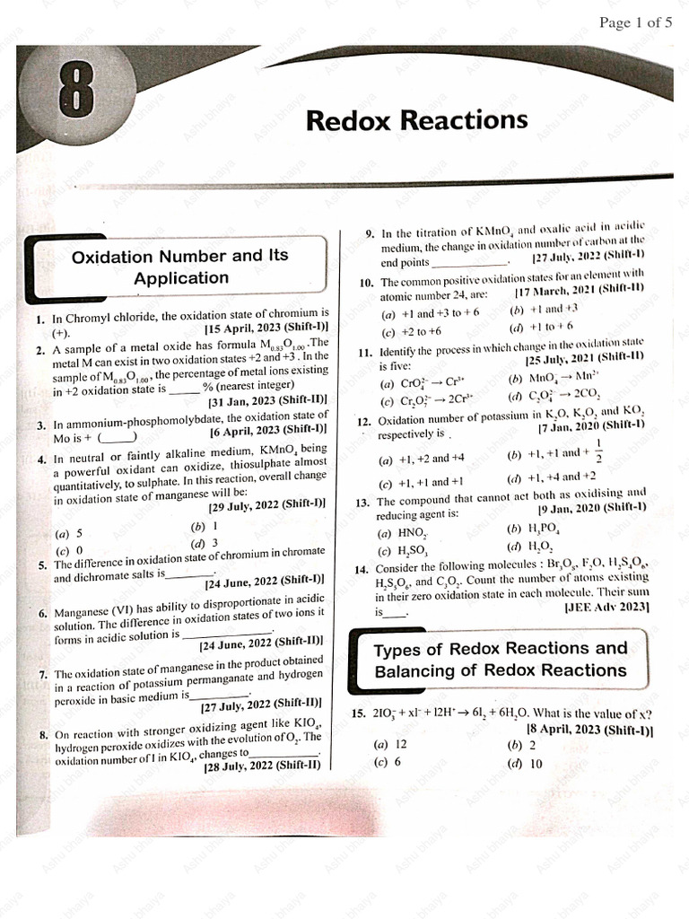 Redox Reaction Last 5 Year Pyq PDF | PDF | Redox | Unit Processes