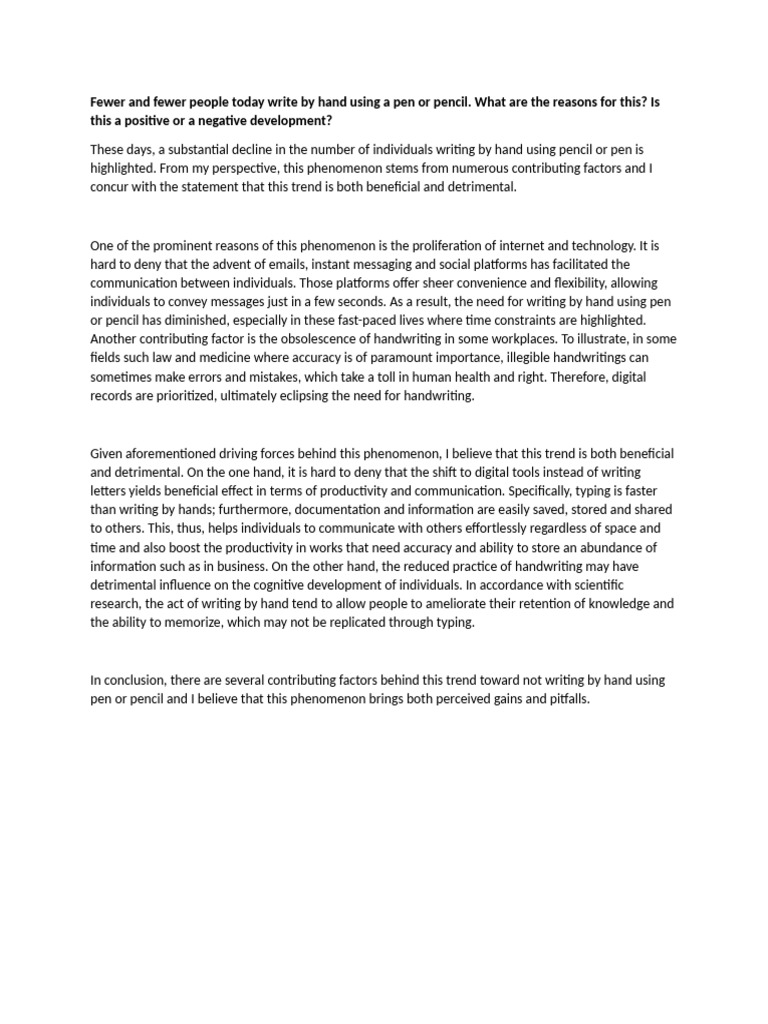 Fewer and fewer people today write by hand using a pen or pencil | PDF ...