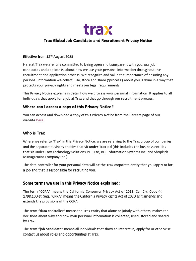 Trax Global Job Candidate Privacy Policy | PDF | Information Privacy ...