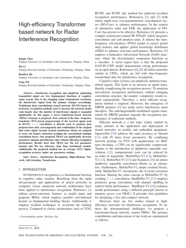 High Efficiency Transformer Based Network For Radar Interference Recognition Pdf Radar
