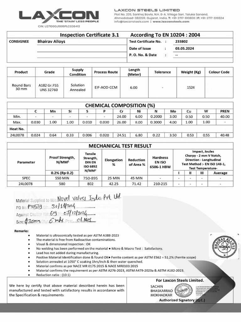 Raw Material TC For Fasteners 24L0078 F55 (UNS S32760) | PDF