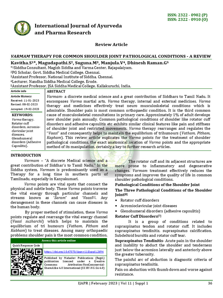 Siddha Varma Technique For Shoulder Pain | PDF | Shoulder | Musculoskeletal System