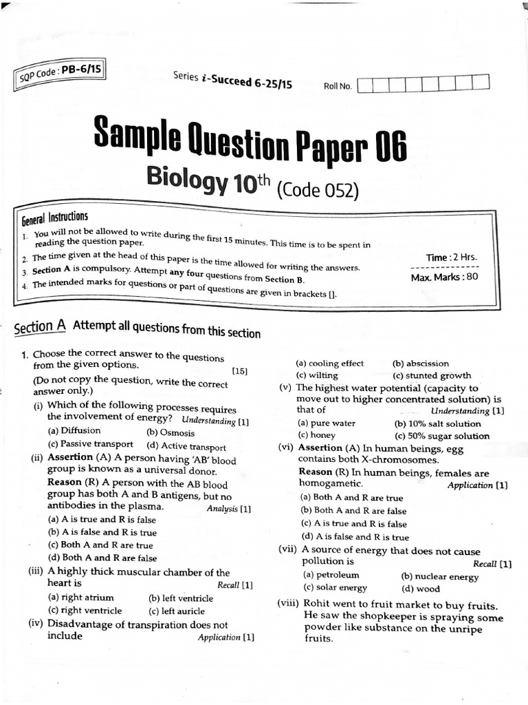 Sample Paper 6 Biology Class X | PDF