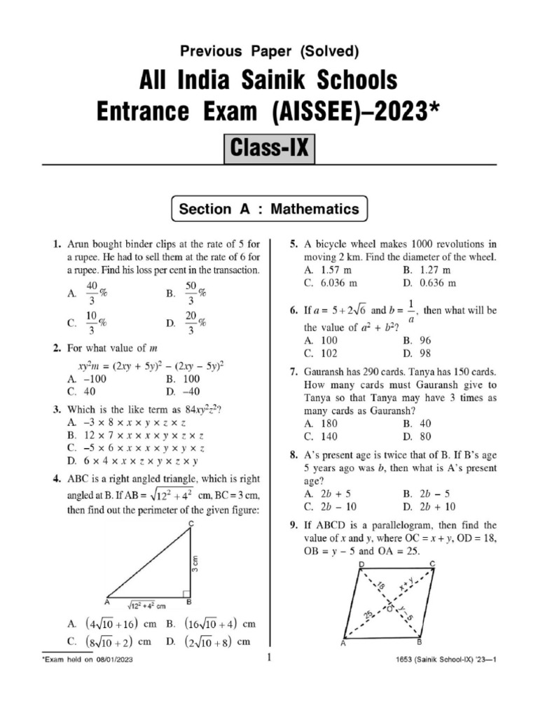Sainik School Class 9 Question Paper 2023 | PDF