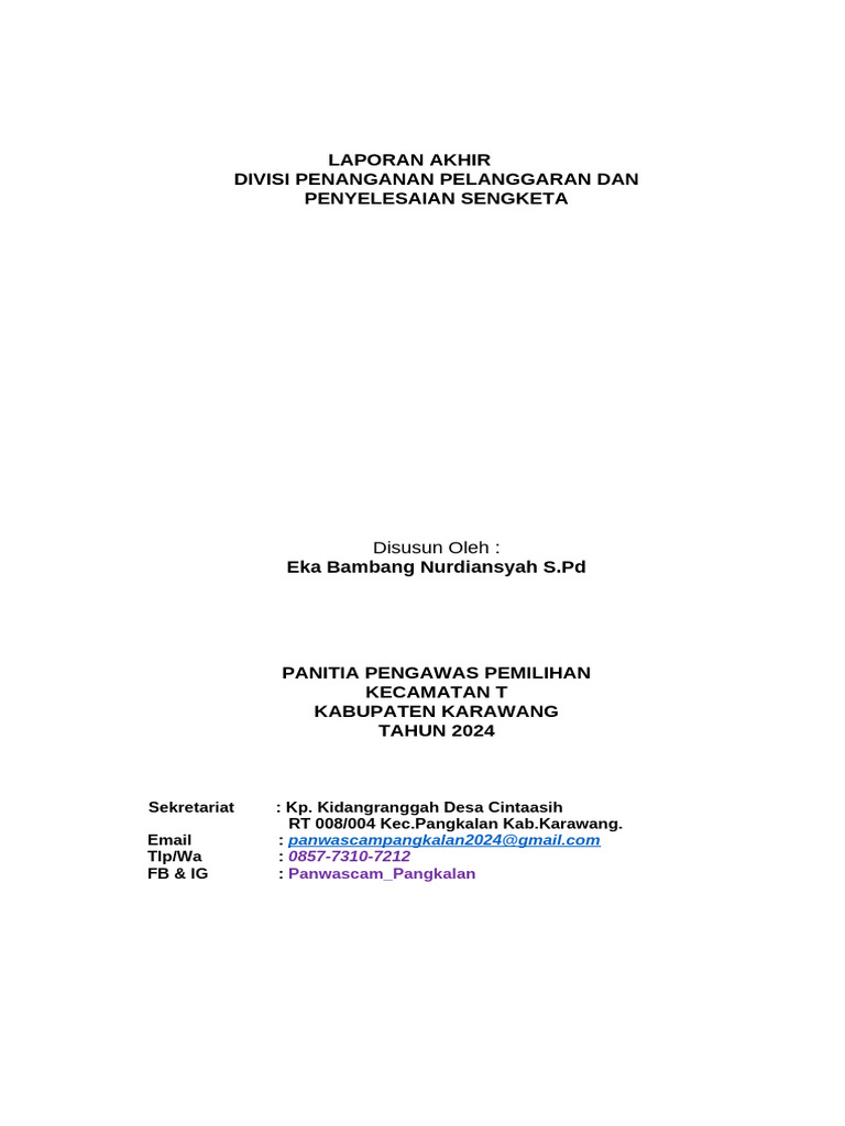 Laporan Akhir Divisi PPPS Pada Pemilihan Kec - Pangkalan 2024 | PDF