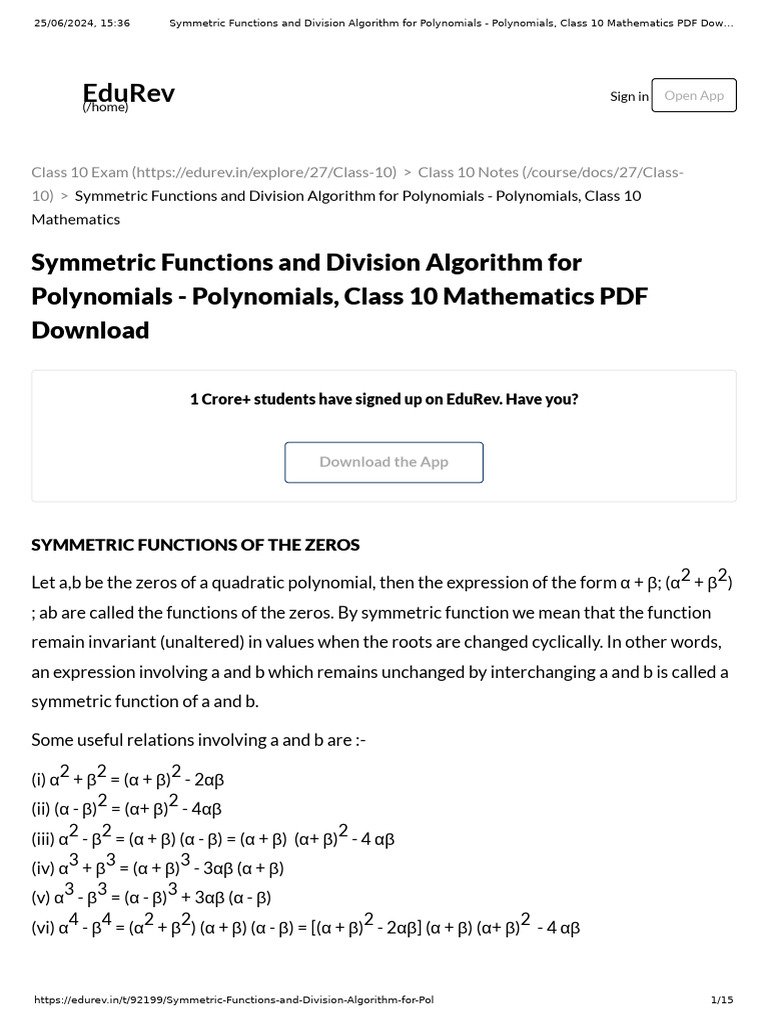 Symmetric Functions and Division Algorithm For Polynomials - Polynomials, Class 10 Mathematics ...
