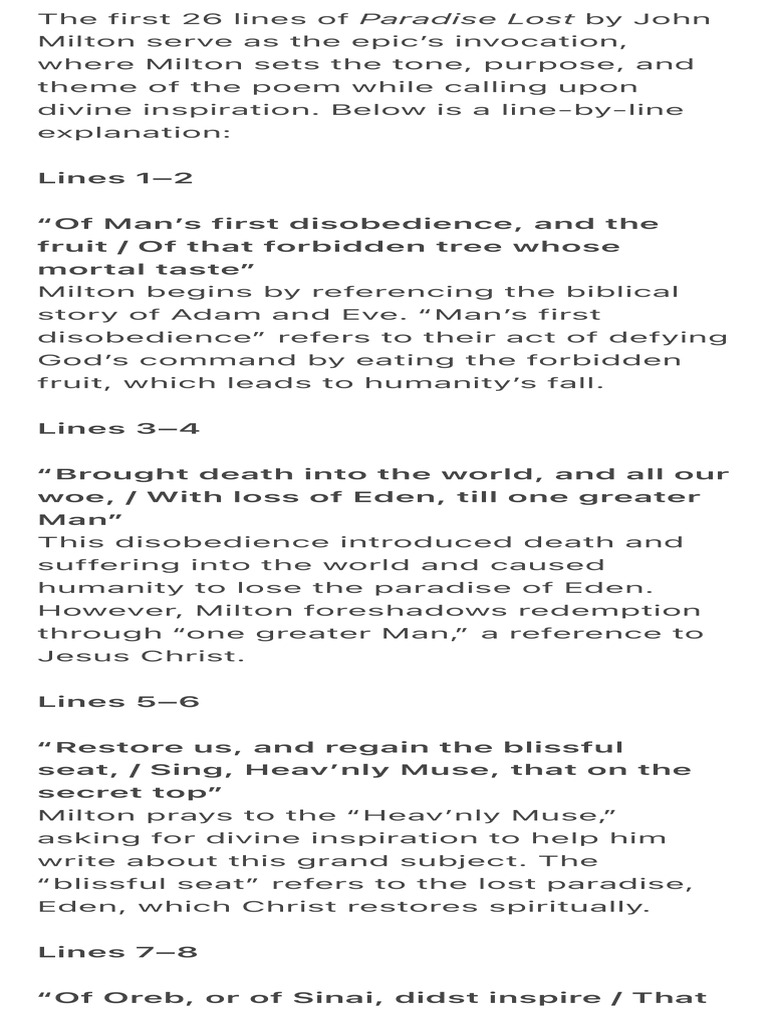 The First 26 Lines of Paradise Lost by John Milton Serve As The Epic's ...