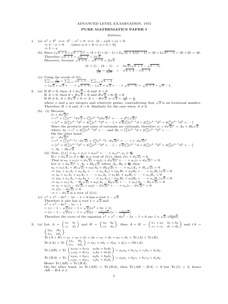 AL Pure Mathematics 1973 Paper 1+2 Suggested Solutions | PDF