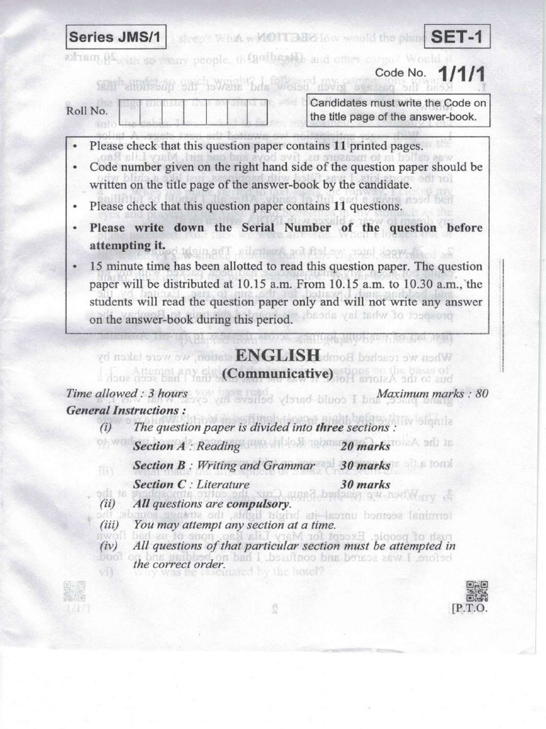 CBSE Class 10 English Communicative - SET 1 Question Paper 2019 | PDF