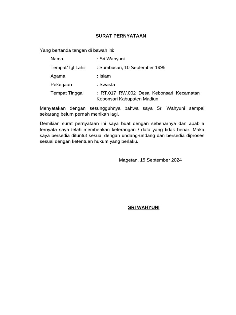 Surat Pernyataan PPDB 2024 (1) | PDF