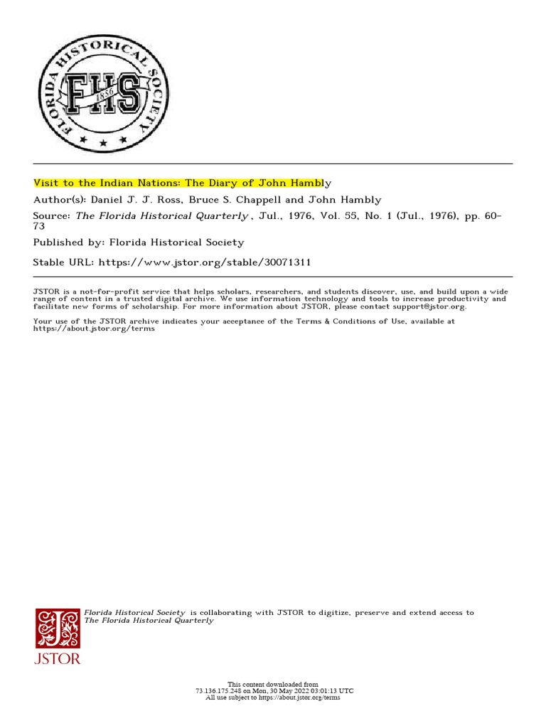 1794-XX-XX Visit To The Seminole Indian Nations - The Diary of John ...