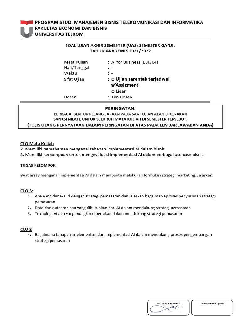 Template Soal UAS (MBTI) - Ganjil 2122 AI4B Rev 1 | PDF