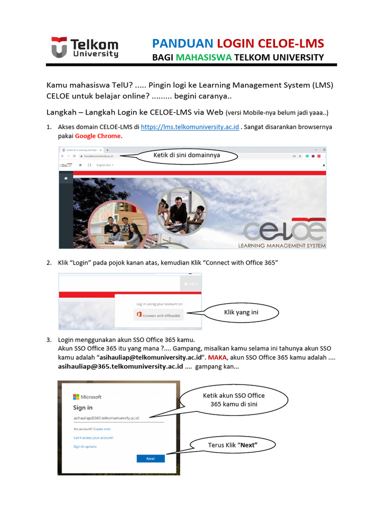 Bidang I Panduan Login Celoe LMSM Bagi Mahasiswa Telkom University | PDF
