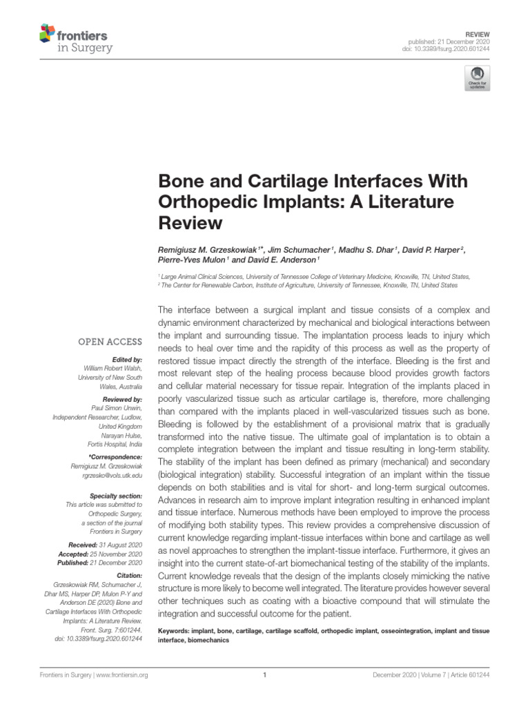 Bone and Cartilage Interfaces With Orthopedic Implants A Literature ...