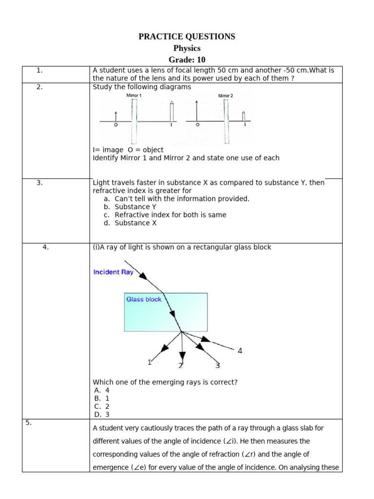 Practice Questions Grade 10 | PDF | Electrodynamics | Glass Engineering And Science