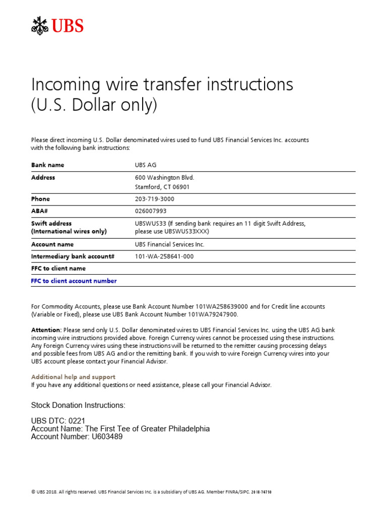 UBS Incoming Wire Transfer Instructions | PDF