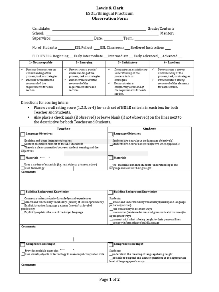 esol-observation-form | PDF | English As A Second Or Foreign Language ...