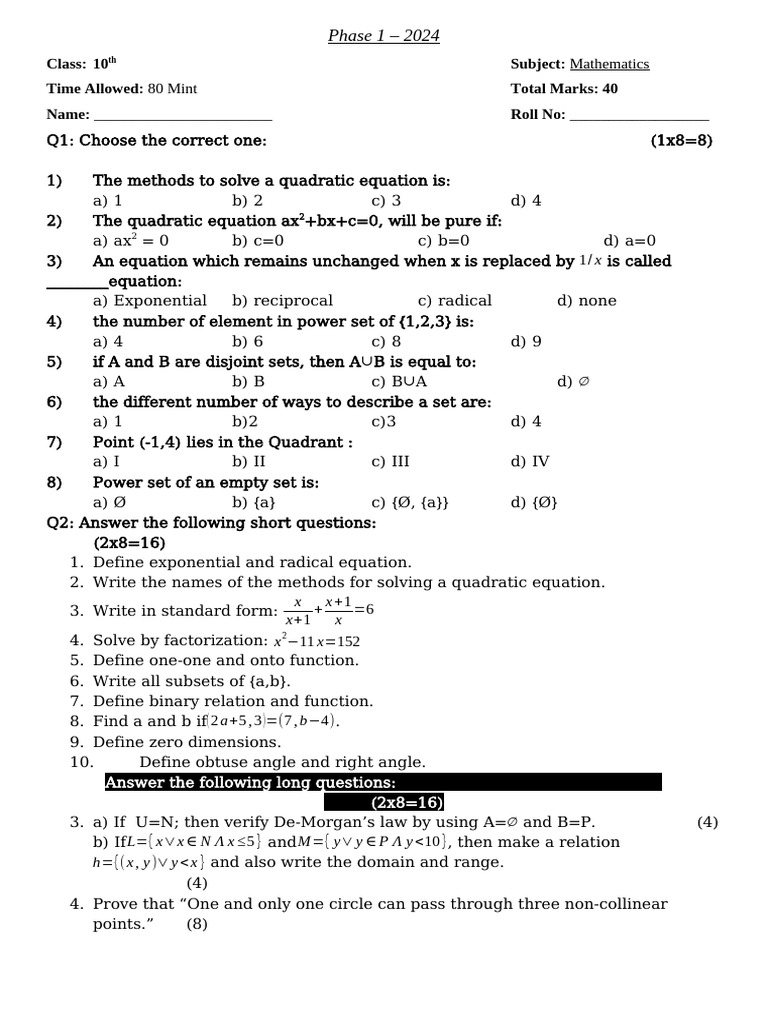 10th Mathematics Phase#1 | PDF | Equations | Function (Mathematics) 10th Mathematics Phase#1 | PDF | Equations | Function (Mathematics)