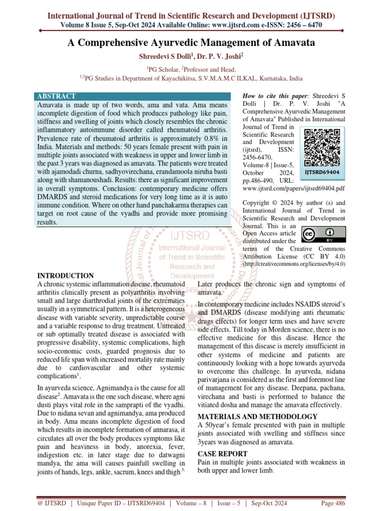 A Comprehensive Ayurvedic Management of Amavata | PDF | Rheumatoid Arthritis | Arthritis