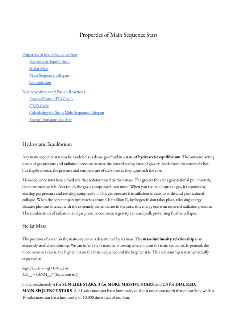 Properties of Main Sequence Stars | PDF | Stars | Nuclear Fusion