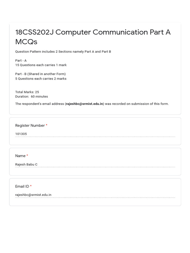 18CSS202J Computer Communication Part A MCQs Answer Key | PDF ...
