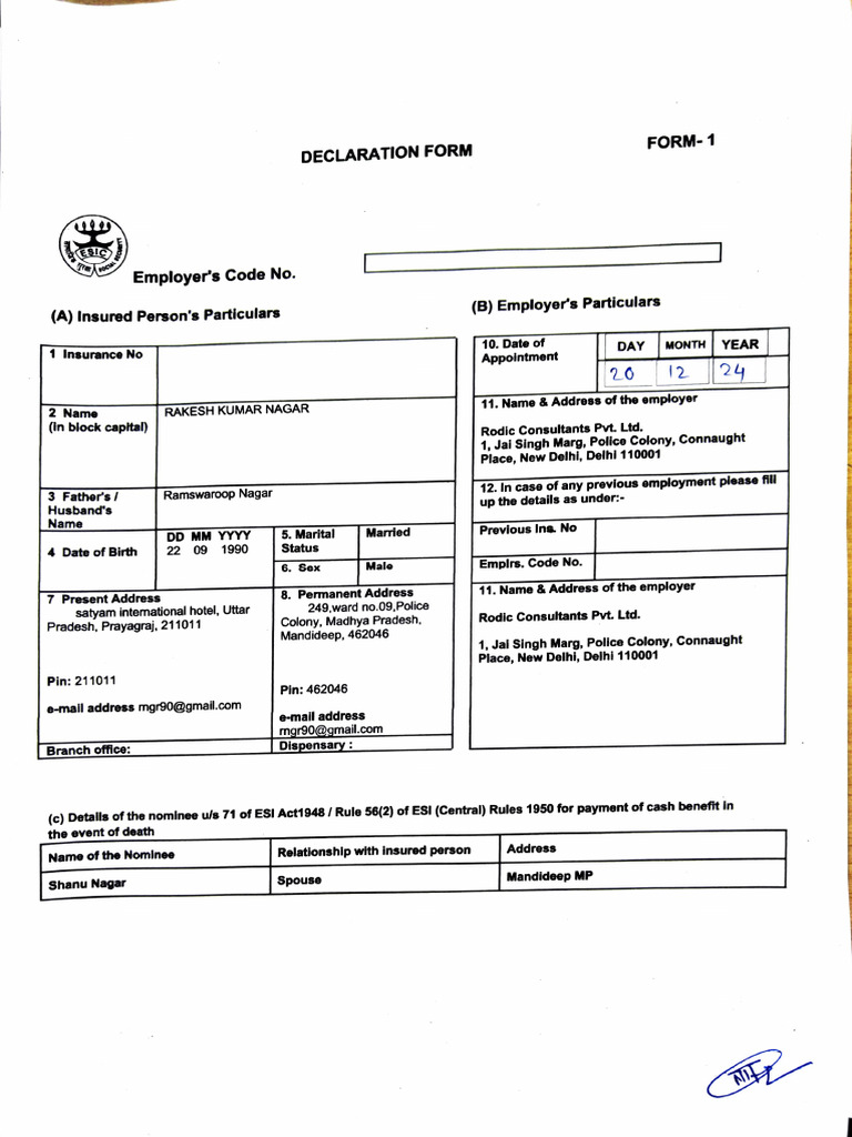 ESI Insured Person's Details Form | PDF | Justice | Crime & Violence