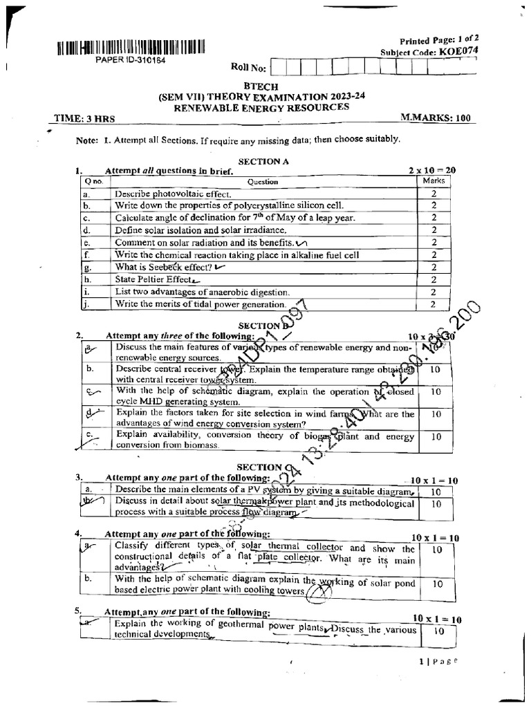 Btech Oe 7 Sem Renewable Energy Resources Koe074 Jan 2024 | PDF