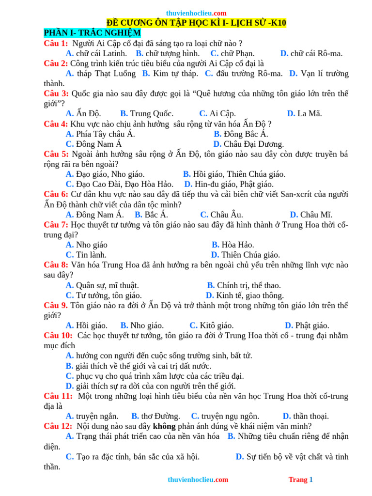 Thuvienhoclieu.com de Cuong on Tap HK1 Su 10 KNTT | PDF