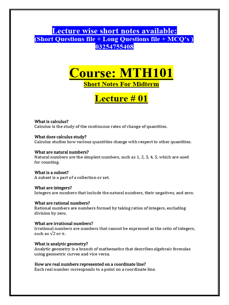 MTH101 Lecture Wise Short Questions File | PDF | Numbers | Real Number