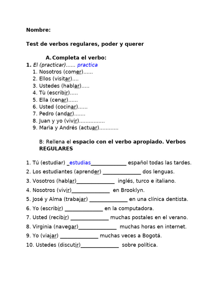 Test de Verbos Regulares Poder y Querer | PDF