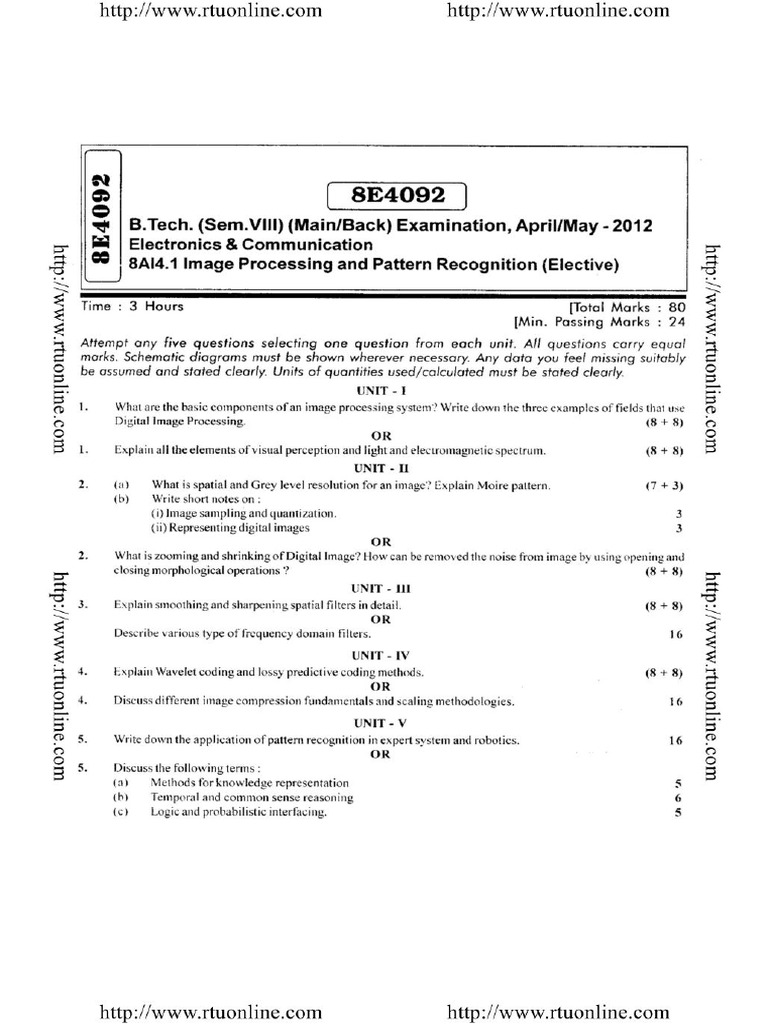 Btech Ec Ei 8 Sem Image Processing and Pattern Recognition 8e4092 May 2012 | PDF