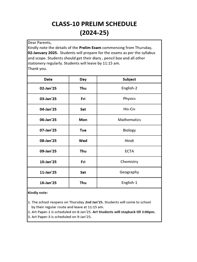 1734429045321 Class10 Prelim Schedule | PDF