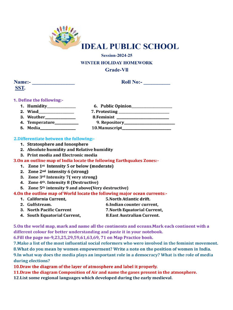 Holiday homework 7th | PDF