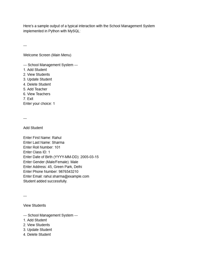 Here's A Sample Output of A Typical Interaction With The School Management System Implemented in ...