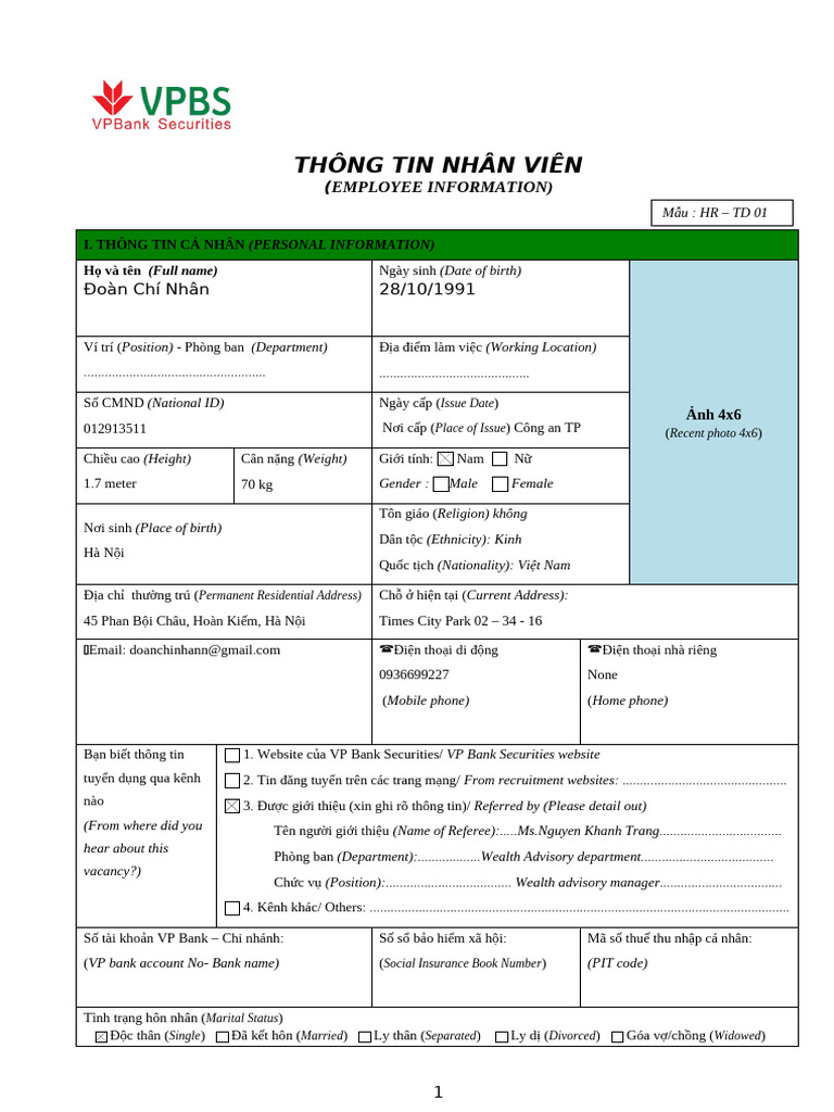 Mau Thong Tin Nhan Vien VPBS - Employee Information | PDF