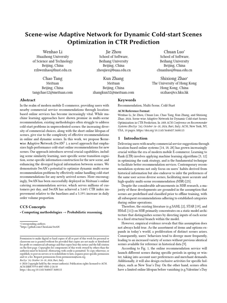 （2024，美团）Scene-wise Adaptive Network for Dynamic Cold-start Scenes Optimization in CTR ...