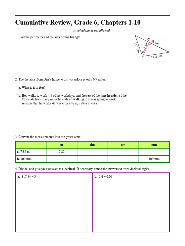 Cumulative_Review_Chapters1-10_gr6 | PDF | Area | Mathematics