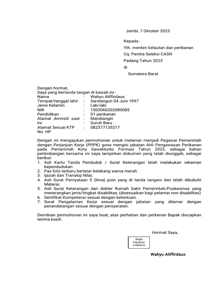 Format Surat Lamaran Dan Surat Pernyataan PPPK 2023 | PDF