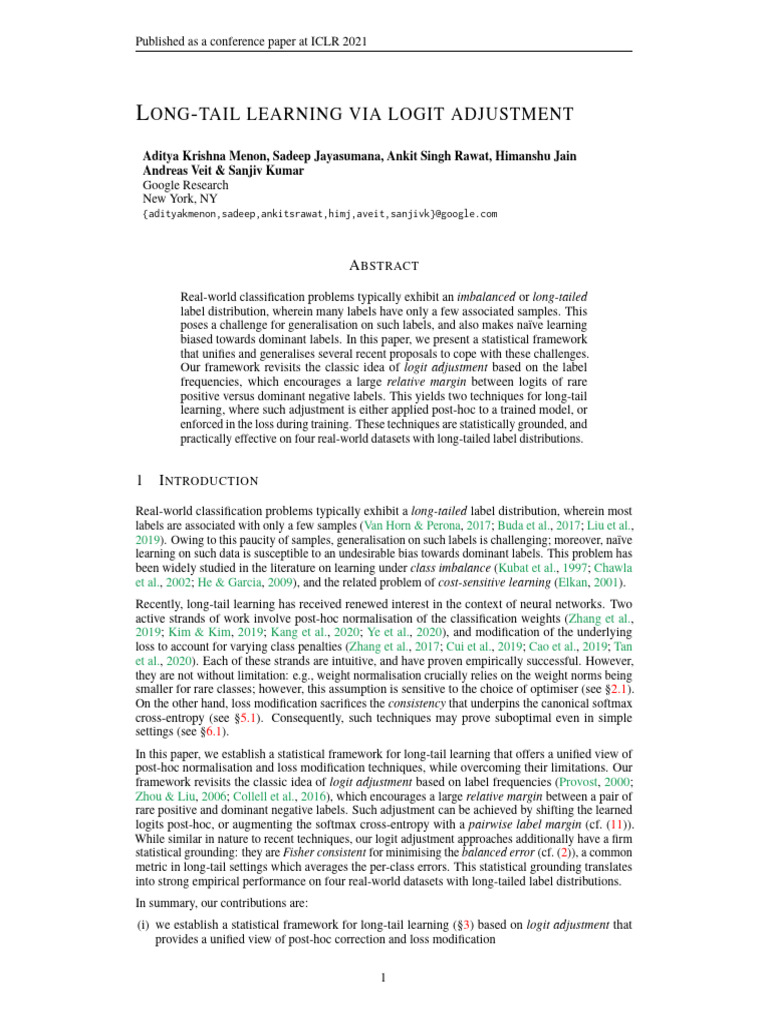 ICLR 2021 Logit Adjust 358 Long Tail Learning Via Logit A | PDF ...