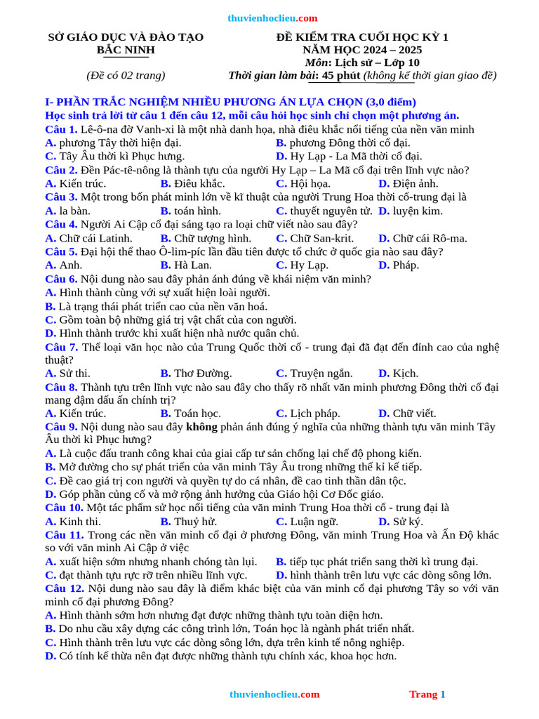 De Kiem Tra Cuoi HK1 Lich Su 10 SO GD Bac Ninh 24 25 | PDF