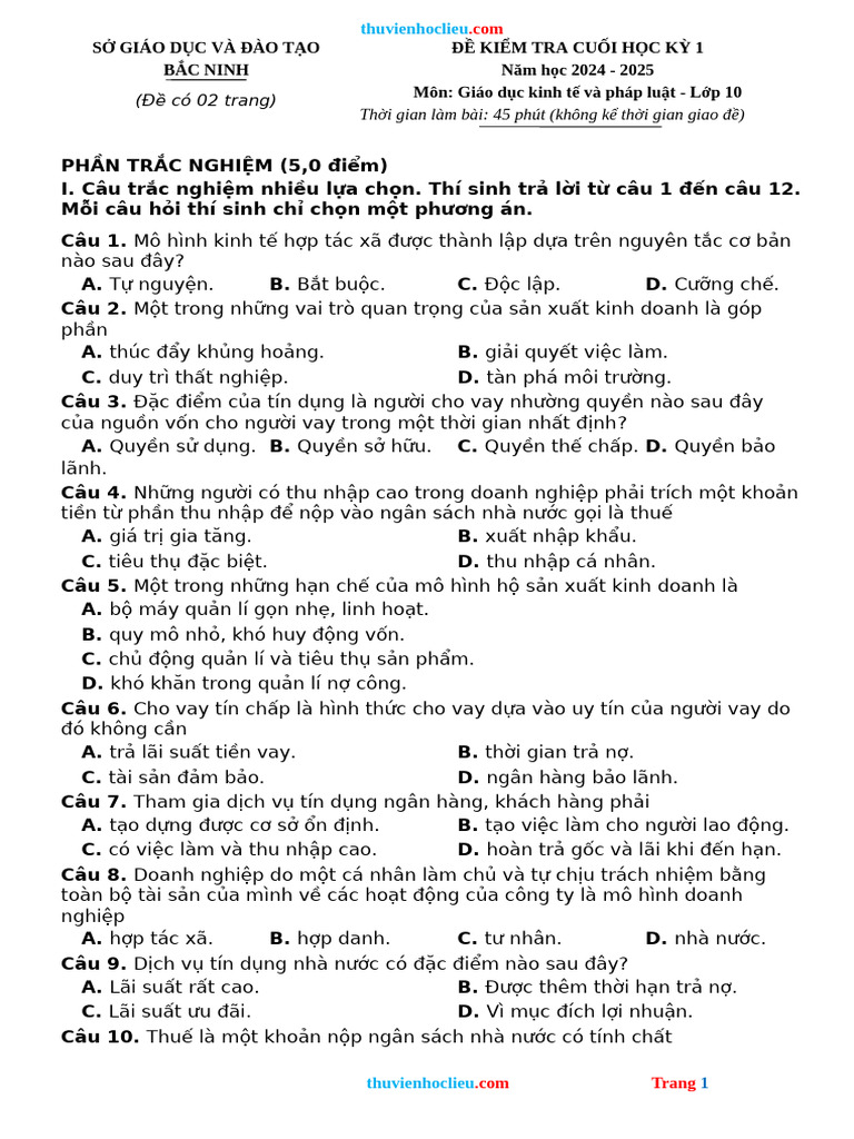 De Kiem Tra Cuoi HK1 GD KT Va PL 10 SO GD Bac Ninh 24 25 | PDF