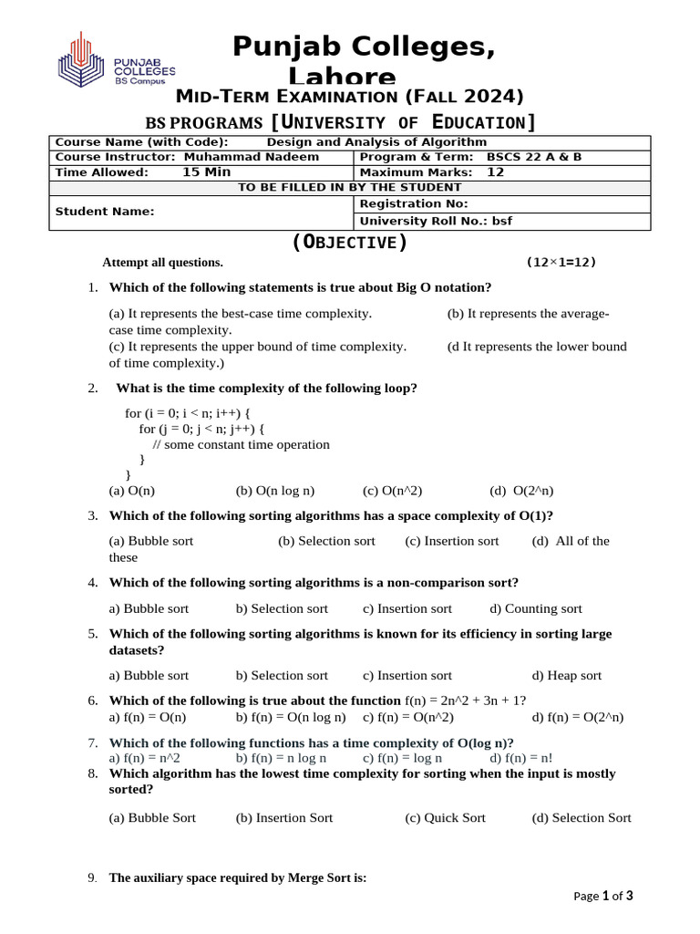 Midterm Exam: Design & Analysis of Algorithms | PDF | Time Complexity ...