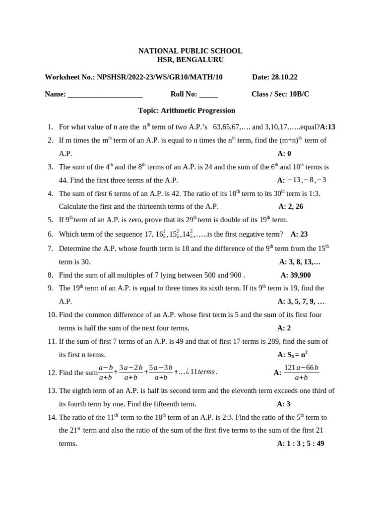 WS - Arithmetic Progression - 2022-23 | PDF | Elementary Mathematics | Arithmetic