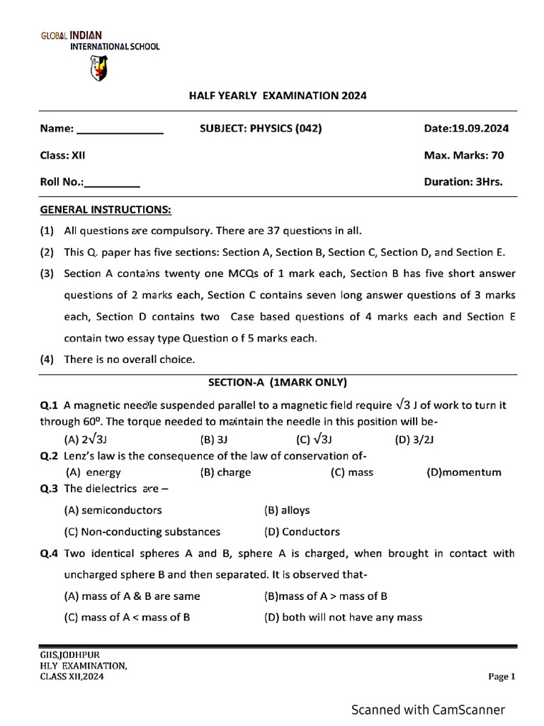 Xii Hy Physics 2024-25 | PDF